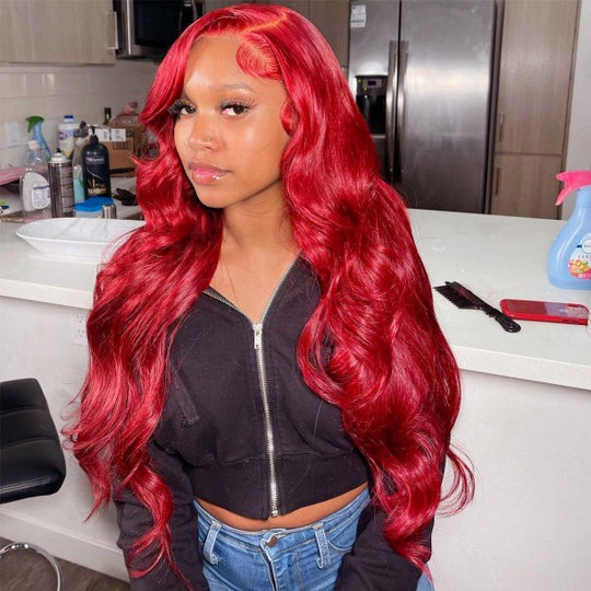 Cherry Red Color Lace Front & Closure Wig Pre-Colored Human Hair Wigs ...